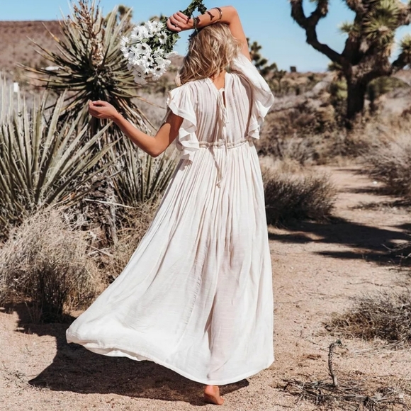 Swim | New Boho Flowy Plunge Maxi Gauze Cover Up Dress Summer White ...